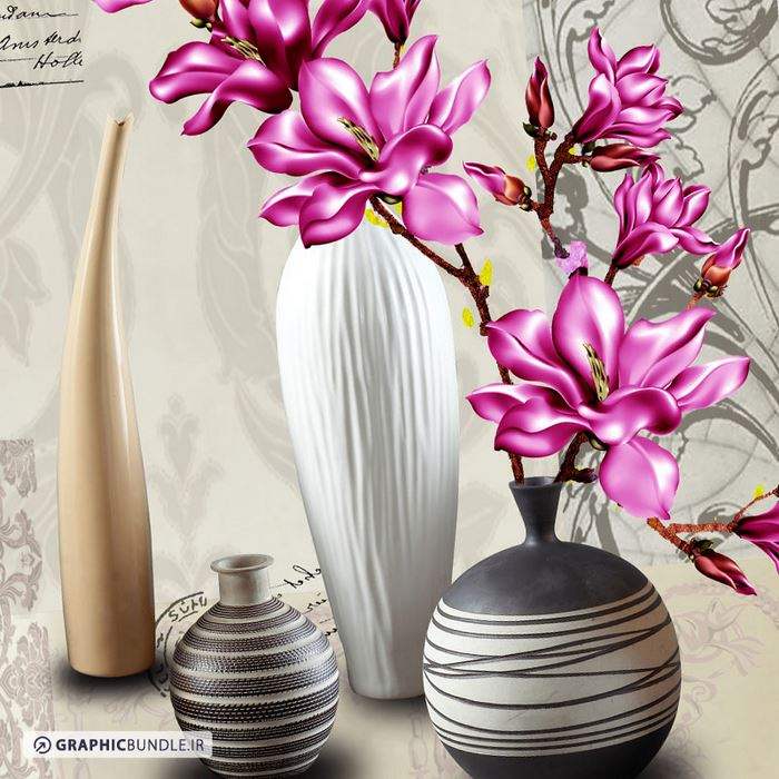 طرح سه تابلوی دکوراتیو نقاشی از گلدان و گلهای بنفش