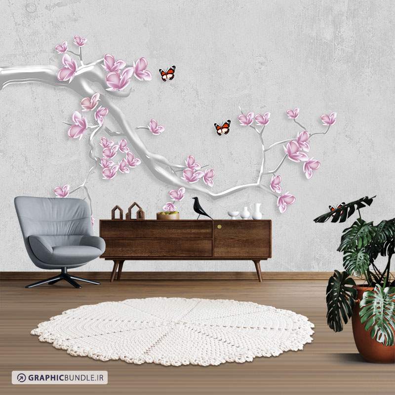 پوستر دیواری با طرح ساده شاخه درخت با شکوفه های صورتی سه بعدی کریستالی